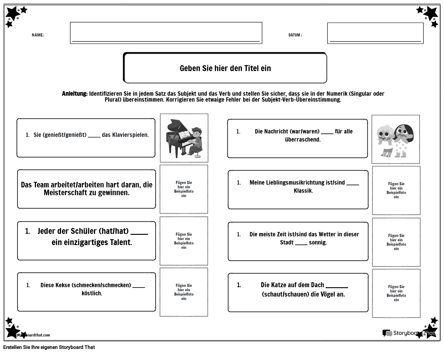 Subjekt Verb Vereinbarung Grammatik Arbeitsblatt Mit Bildern BW Subjekt Verb Vereinbarung Grammatik Arbeitsblatt Mit Bildern BW