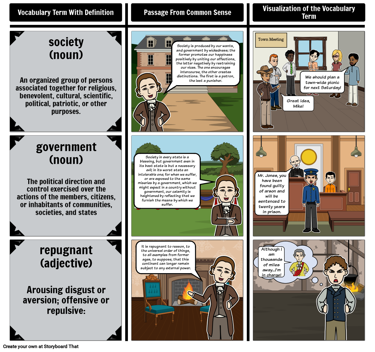 Thomas Paine Common Sense Vocabulary Storyboard