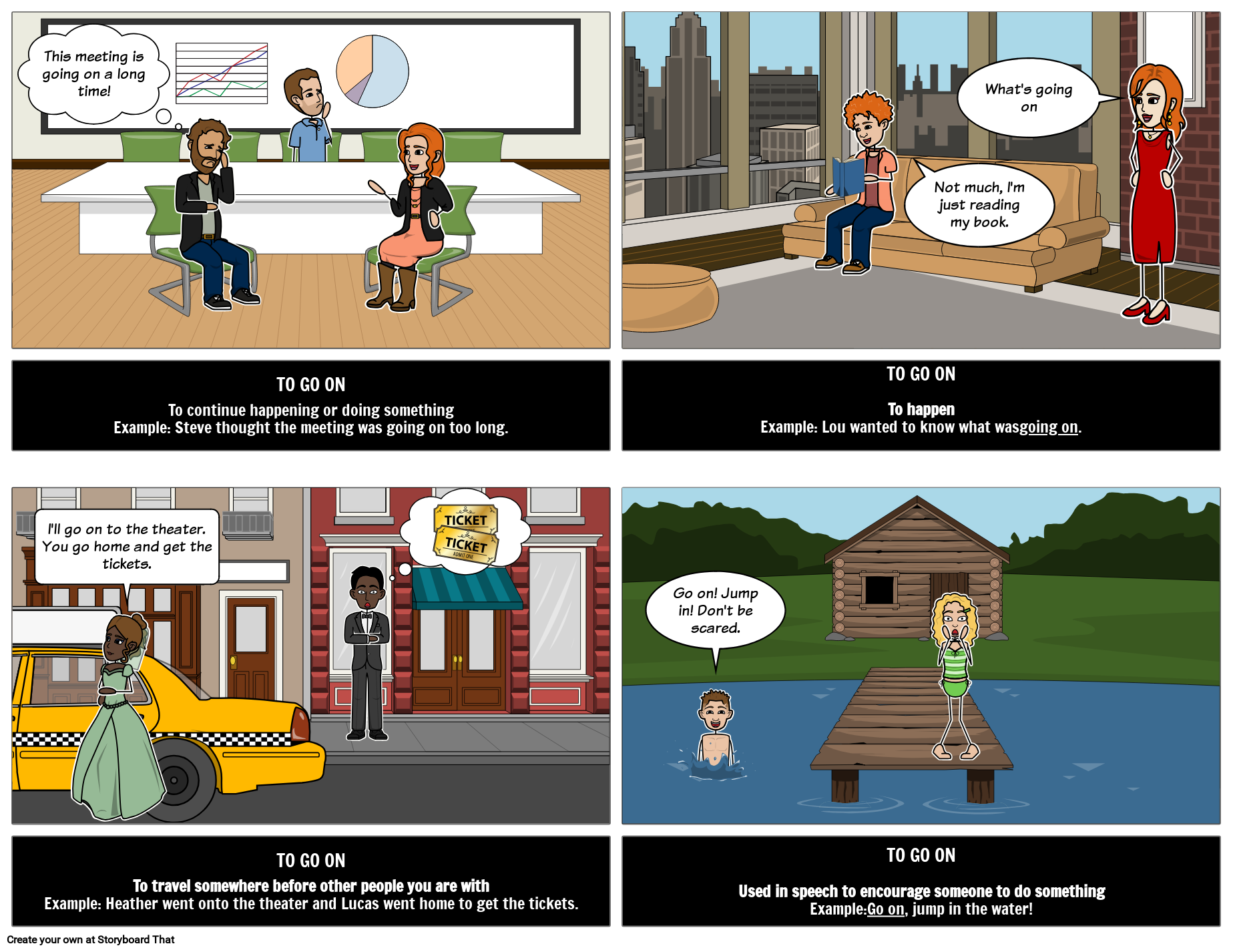 ESL Visual Vocabulary | Guide to Phrasal Verbs: To Go On