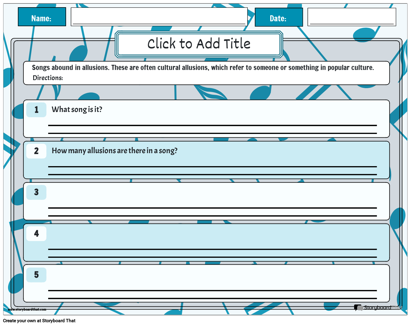 Allusions from a Song Worksheet Storyboard par templates