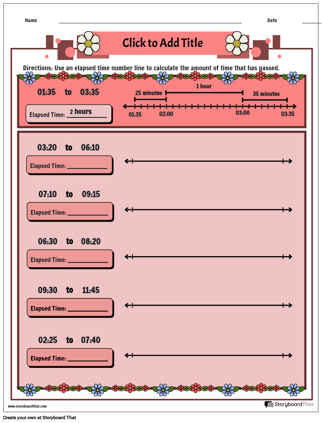 FLOWER THEMED NUMBER LINE ELAPSED TIME WORKSHEET