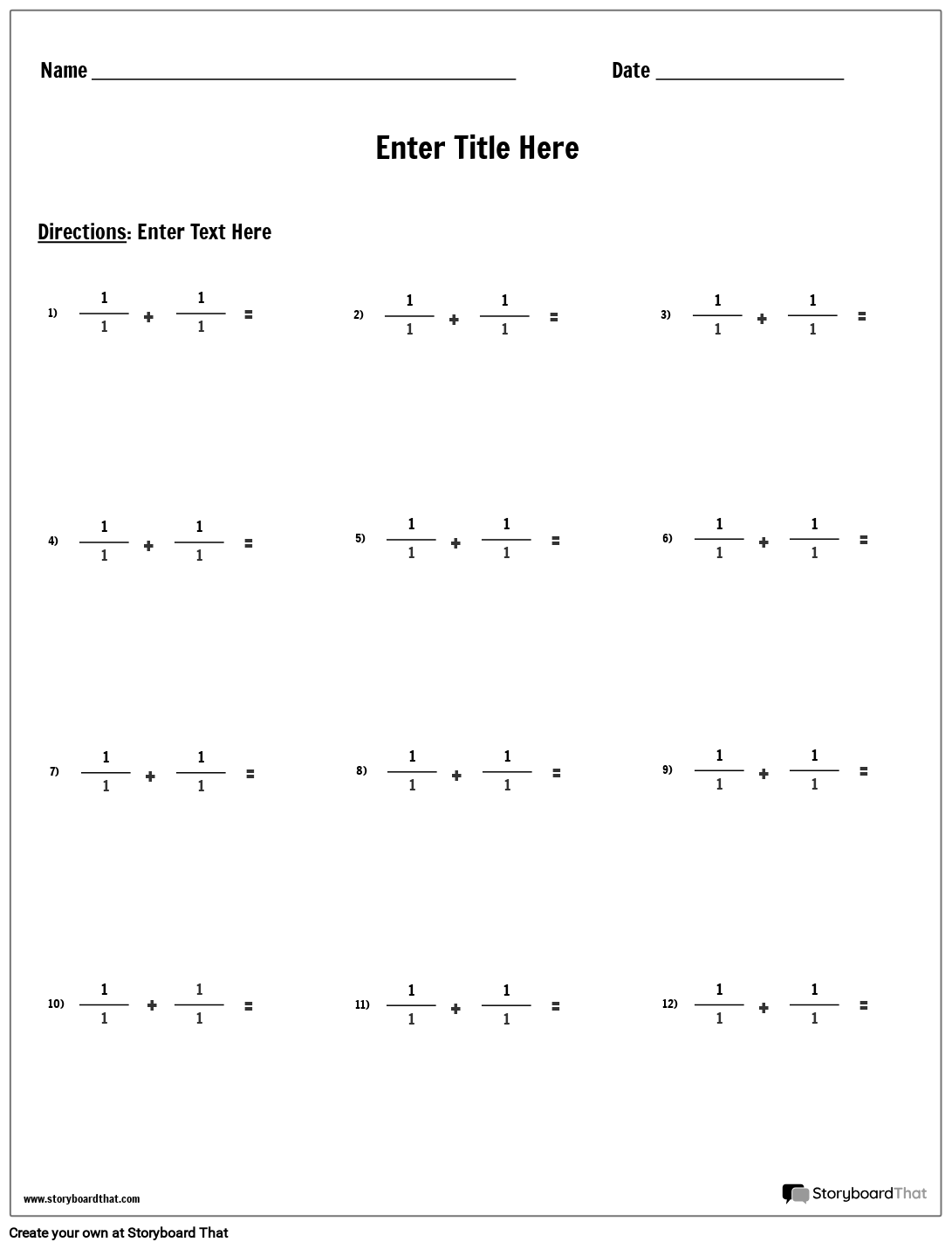 Addition Fractions Storyboard Door Worksheet templates
