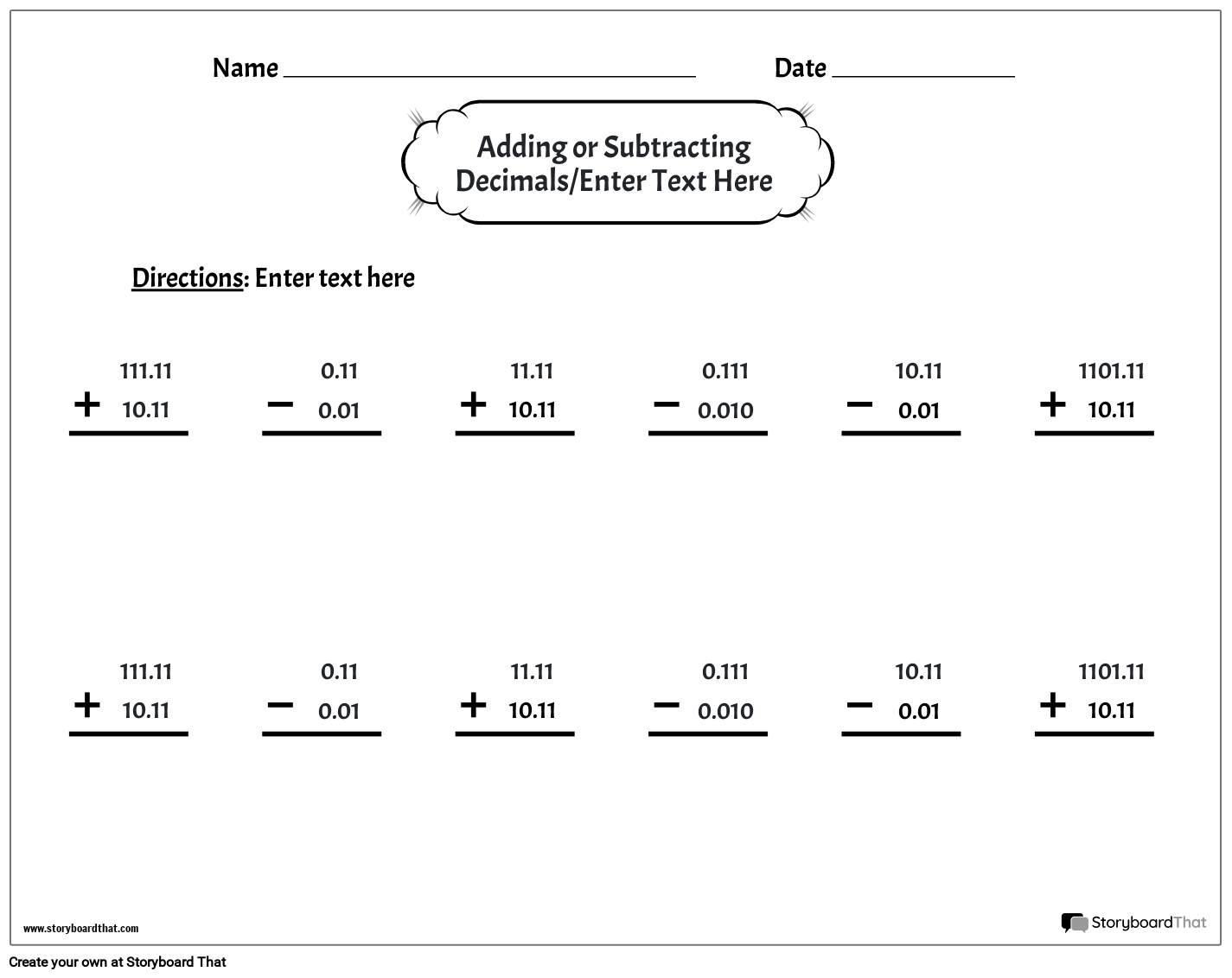 Decimals Landscape BW 1 Storyboard Por Worksheet templates