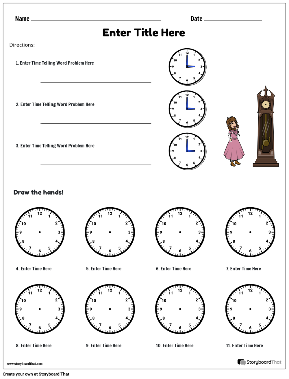 Telling Time Worksheet Template with Characters